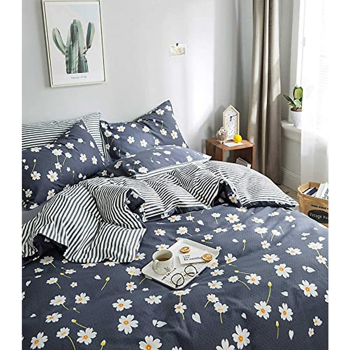 HighBuy Floral Duvet Cover Kids Girls Shabby Chic Duvet Cover Set Cotton Striped Reversible Stripe Pattern Navy Blue Teens Boys Bedding Sets Twin Single Bed Comforter Covers