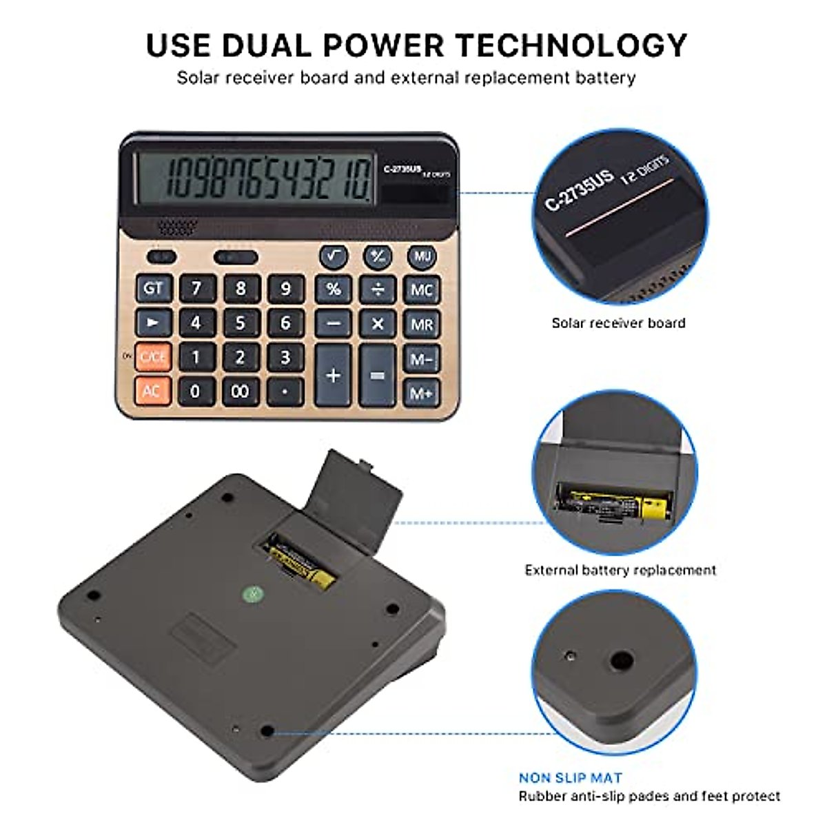 Calculators, Solar Battery Calculator Dual Power Large Standard Function Desktop Business Calculator with 12 Digit Large LCD Display Convenient for Office Home Student Finance Accounting- Gold