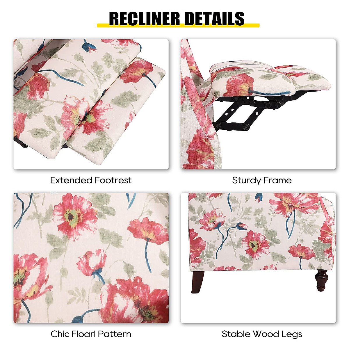 Consofa Wing Back Recliner Chair, Traditional Push Back Recliner Chair with Padded Seat, Upholstered Tufted Fabric Wingback Chair with Wooden Legs, Floral Accent Chairs for Living Room