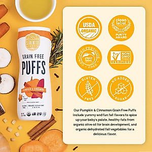 Serenity Kids 6+ Months Grain Free Puffs Toddler & Baby Snack | No Added Sugar, Gluten & Rice Free, Allergen Free | Made with Organic Cassava, Veggies, and Herbs | Pumpkin & Cinnamon | 6 Count