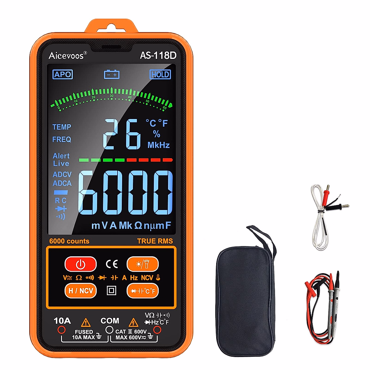 Aicevoos AS-118D Smart Digital Multimeter Auto-Ranging Voltmeter Electrical Tester Measures Voltage Current Capacitance Resistance Continuity Duty-Cycle Temperature Frequency