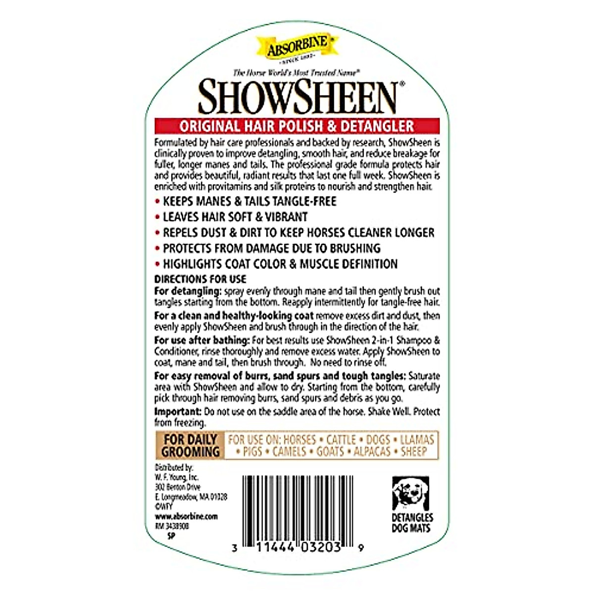 Absorbine ShowSheen Hair Polish & Detangler for Coat, Mane & Tail for Horses & Dogs, Mane and Tail Detangler Spray, Instant Detangling, Reduce Hair Breakage, Nourish Hair & Radiant Shine, 32oz Spray Bottle