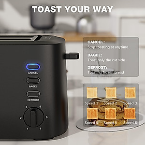 Anfilank Compact 2 Slice Toaster with 1.5" Extra Wide Slots, Built-in Warming Rack & Removable Crumb Tray - 6 Browning Options, with Defrost, Bagel, and Cancel Function - Matte Black