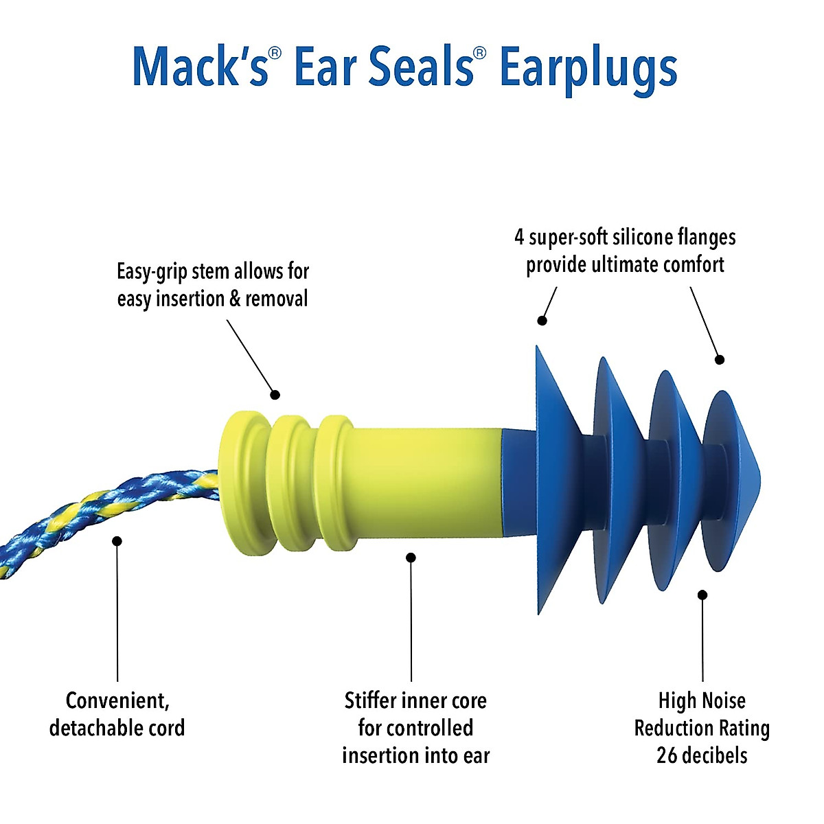 Mack’s Ear Seals Shooting Earplugs, 1 Pair with Detachable Cord - 26db High NRR