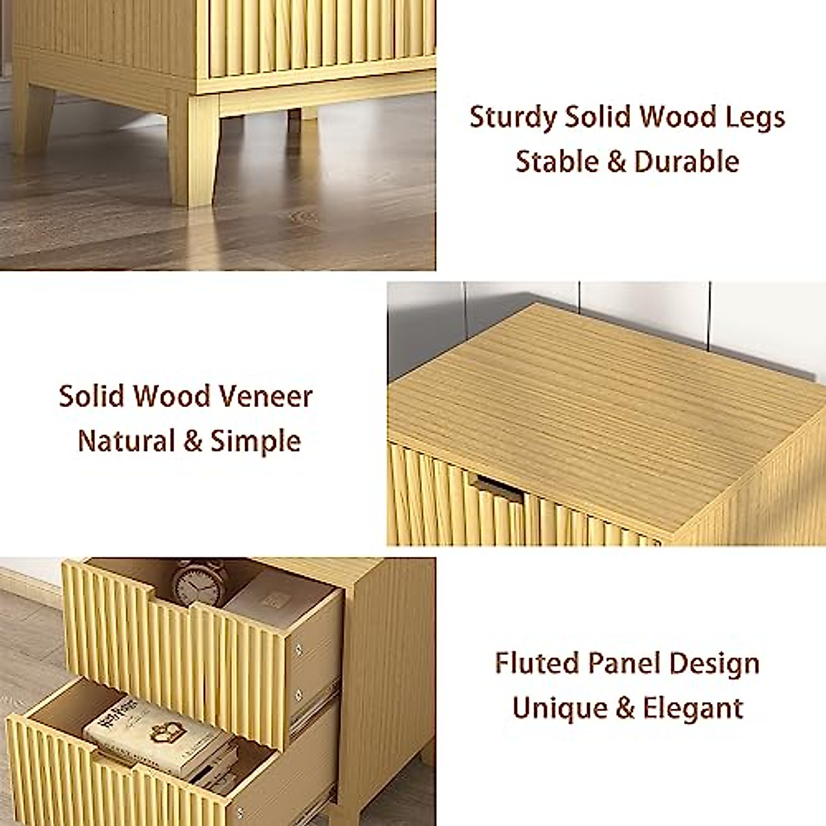 WiberWi Nightstand, Side Table, Farmhouse End Table with 2 Drawers and Open Storage, Bedside Table for Bedroom, Living Room and Small Spaces, Night Stand with Solid Wood Legs, Natural