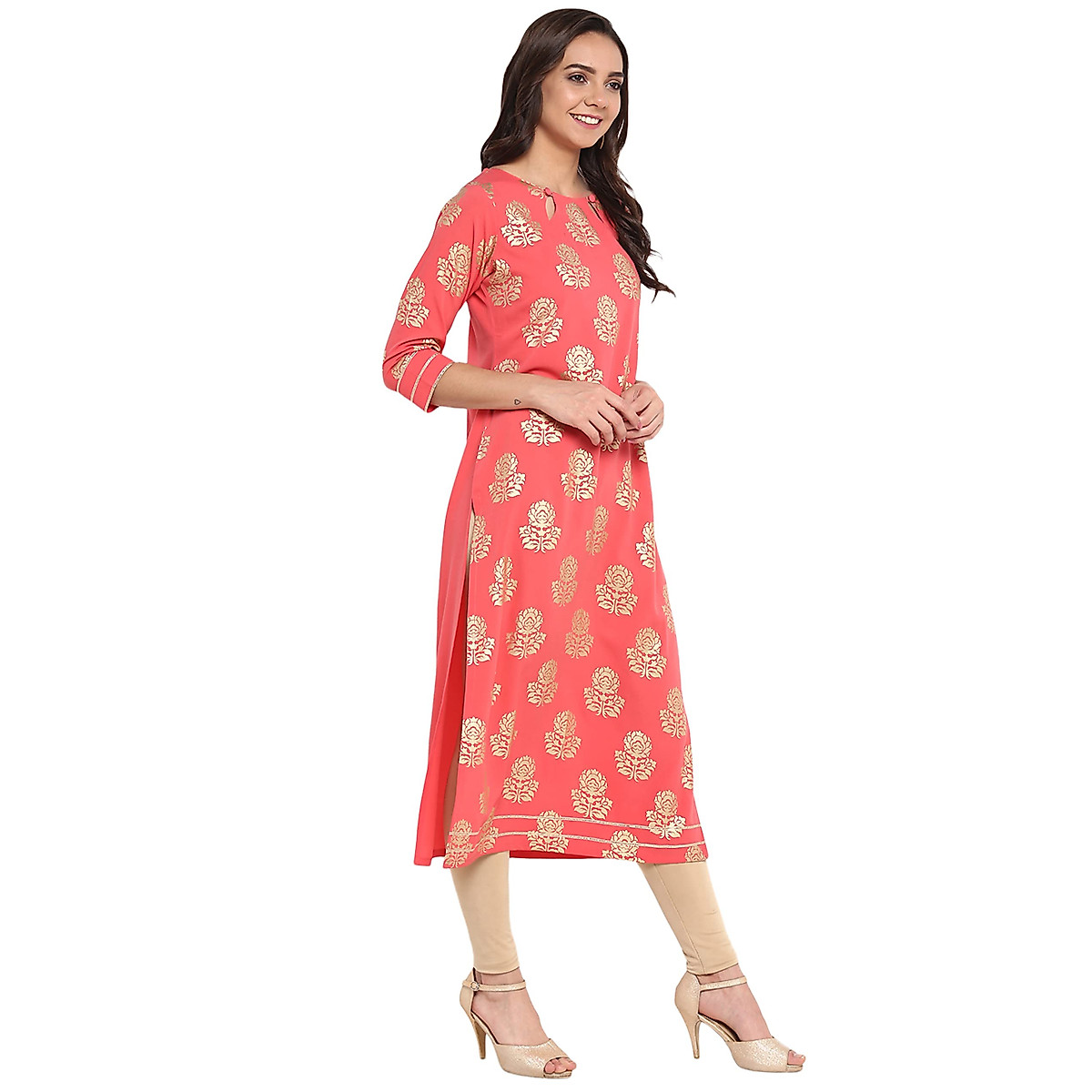 Janasya Indian Women's Tunic Tops Crepe Kurti for Women(JNE3261-KR-XL) Peach