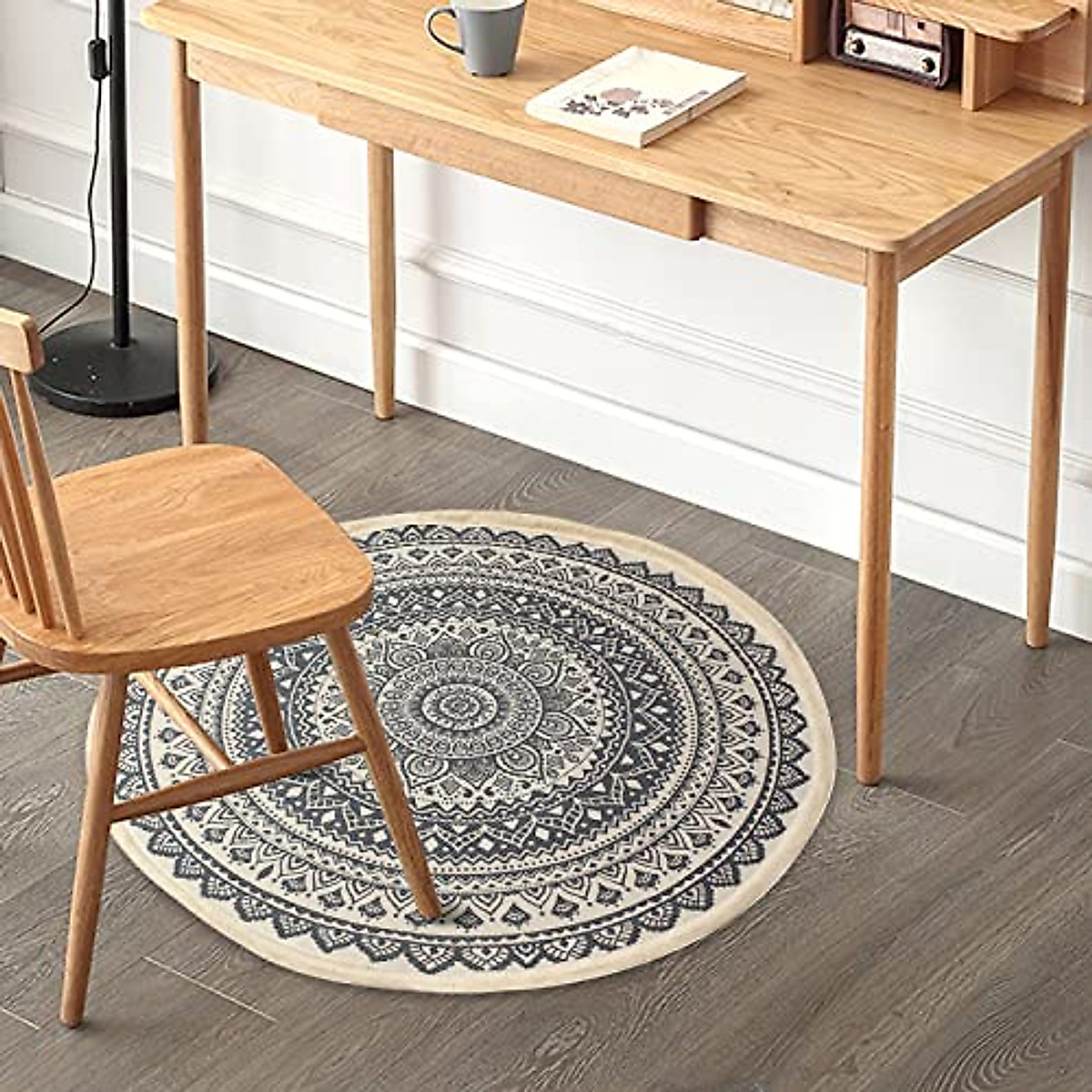 nd Round Rugs 3ft Bedroom Rug Mandala Bohemian Vintage Pattern Round Carpet Circle Area Rug Cotton Hand Woven Table Rug with Tassels Indoor Living Room Kids Room Bathroom mat, Black/Blue