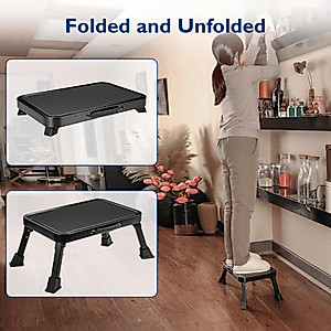 BONTEC Folding One Step Stool, Heavy Duty Sturdy Metal 330lbs Capacity, Wide Non-Slip Single 1-Step Stool Ladder for Adults and Children, Ideal for Kitchen, Bathroom, RV, Camping, Office, Black