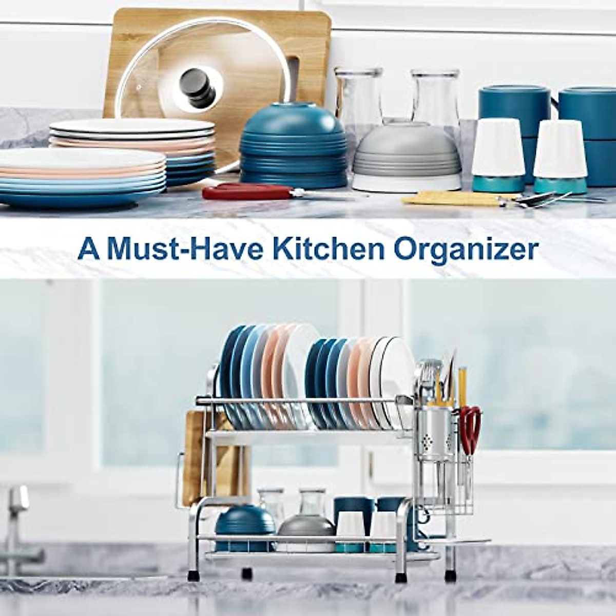 GSlife Stainless Steel Dish Drying Rack Rustproof 2 Tier Dish Rack for Kitchen Counter with 3 Drainboards, Tiered Dish Drainer with Utensils Holder,Cutting Board Holder, Silver