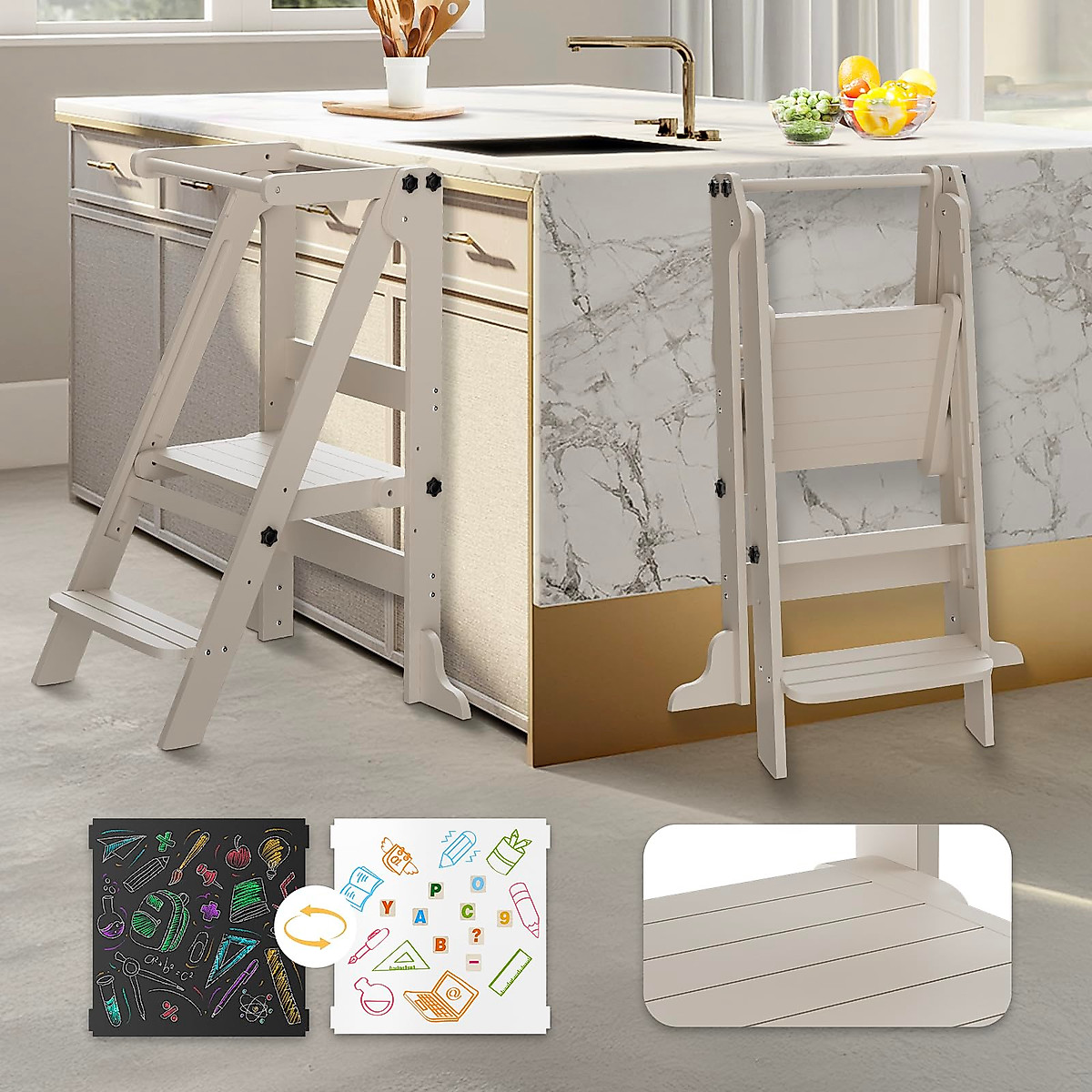 Toddler Tower Foldable, Kitchen Step Stool Helper with Safety Railing & 3 Adjustable Heights, Standing Tower with Double-Sided Drawing Board, Montessori Kitchen Tower for Toddlers/Kids Learning (Grey)