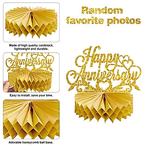 Eucutur 8Pcs Gold Happy Wedding Anniversary Decorations Honeycomb Centerpiece, Gold Glitter Anniversary Photo Table Centerpiece Party Supplies, 25th 30th 40th 50th 60th Gold Anniversary Table Topper