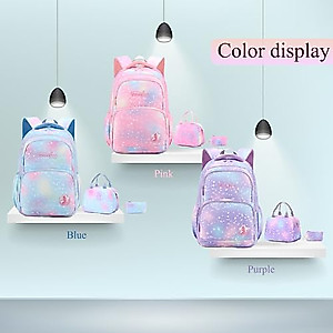 YJMKOI 3PCS Colorful Heart Print Backpack for Girls, Primary Kids Bookbag Set, Purple Backpack with Lunch Box