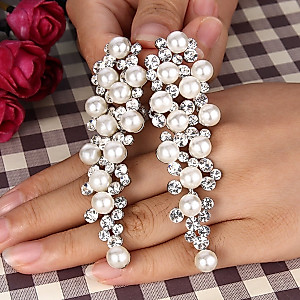 BriLove Wedding Bridal Simulated Pearl Earrings for Women Crystal Chandelier Multi Beaded Cluster Dangle Earrings Ivory Color Silver-Tone