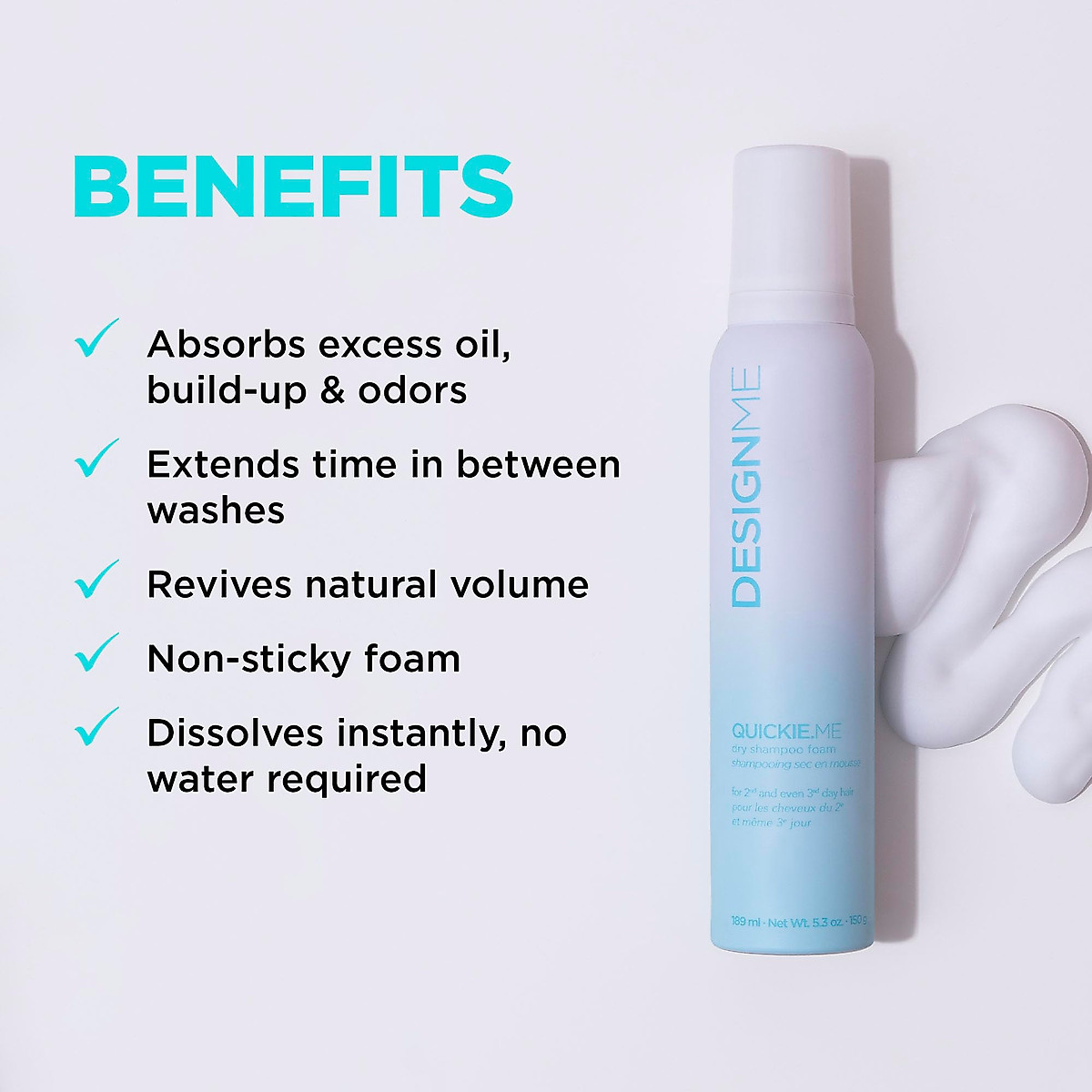 QUICKIE.ME Dry Shampoo Foam by DESIGNME | Non Sticky, Waterless, No Rinse Formula for All Hair Types | Refreshes, Adds Volume, Absorbs Oils and Build Ups | Sulfate-Free with Rice Starch & Vitamin B5