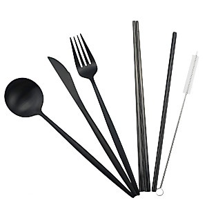 Gugrida Reusable Travel Utensils, 7 Piece Portable 304 Stainless Steel including Knife Fork Spoon Chopsticks Cleaning Brush Straws Portable Pouch, Eco-friendly Camping Silverware Set, Dishwasher Safe