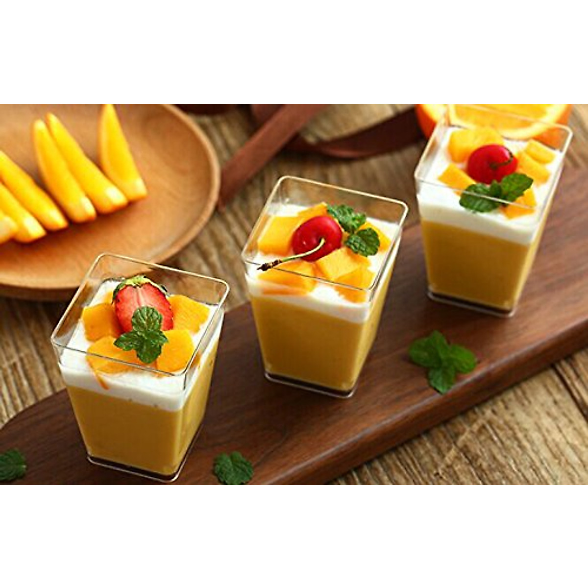 Tosnail 50 Pack 5 Oz Tall Square Clear Plastic Dessert Tumbler Cups with 50 Pieces Plastic Lids and 50 Pieces Plastic Tasting Spoons - Clear