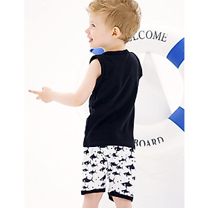 Kids4ever Baby Boys Summer Clothes Sets 12-18 Months Toddlers Boy Black and White Shark Sleeveless Shirt Tops + Fish Short Pants Child 3d Printed Doo Doo Letters Hawaiian Beach Board Shorts