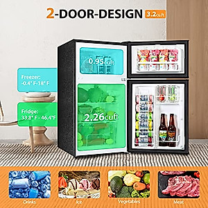 BANGSON Mini Fridge with Freezer, 3.2 Cu.Ft, Low Noise, Energy Saving, 5 Settings Temperature Adjustable, 2 Door Mini Fridge for Bedroom Office and Dorm, (Black)