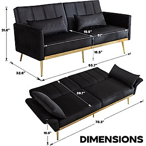 DANNRATCH 2 Pieces Velvet Sofa Set Convertible Sleeper Sofa Tufted Couch Bed with Adjustable Armrests and Backrest, Modern Loveseat Sleeper Bed with 2 Bolster Pillows for Living Room, Bedroom, Black
