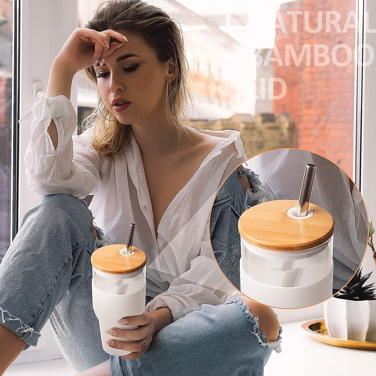 kytffu 32oz Glass Tumbler with Straw and Lid, Reusable Boba Smoothie Cup Iced Coffee Tumbler with Silicone Sleeve, Fits Cup Holder Glass Water Bottle BPA Free, Olive + White