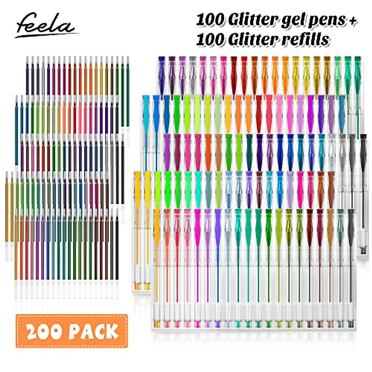 feela 200 Pack Glitter Gel Pens Set 100 Gel Pen plus 100 Refills for Adult Coloring Books Drawing Art Markers