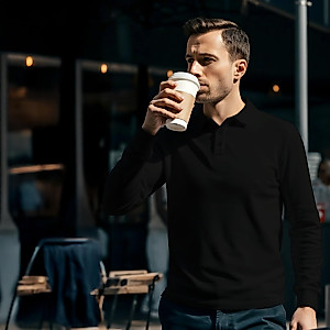 Premium Wear Long Sleeve Polo Shirt for Men, Cotton-Blend Fabric Golf Shirt with Collar, 3-Button Placket, Stain Guard, Elastic Cuffs, Side Split Hem, Casual Tennis Shirt Work & Play, Black XL