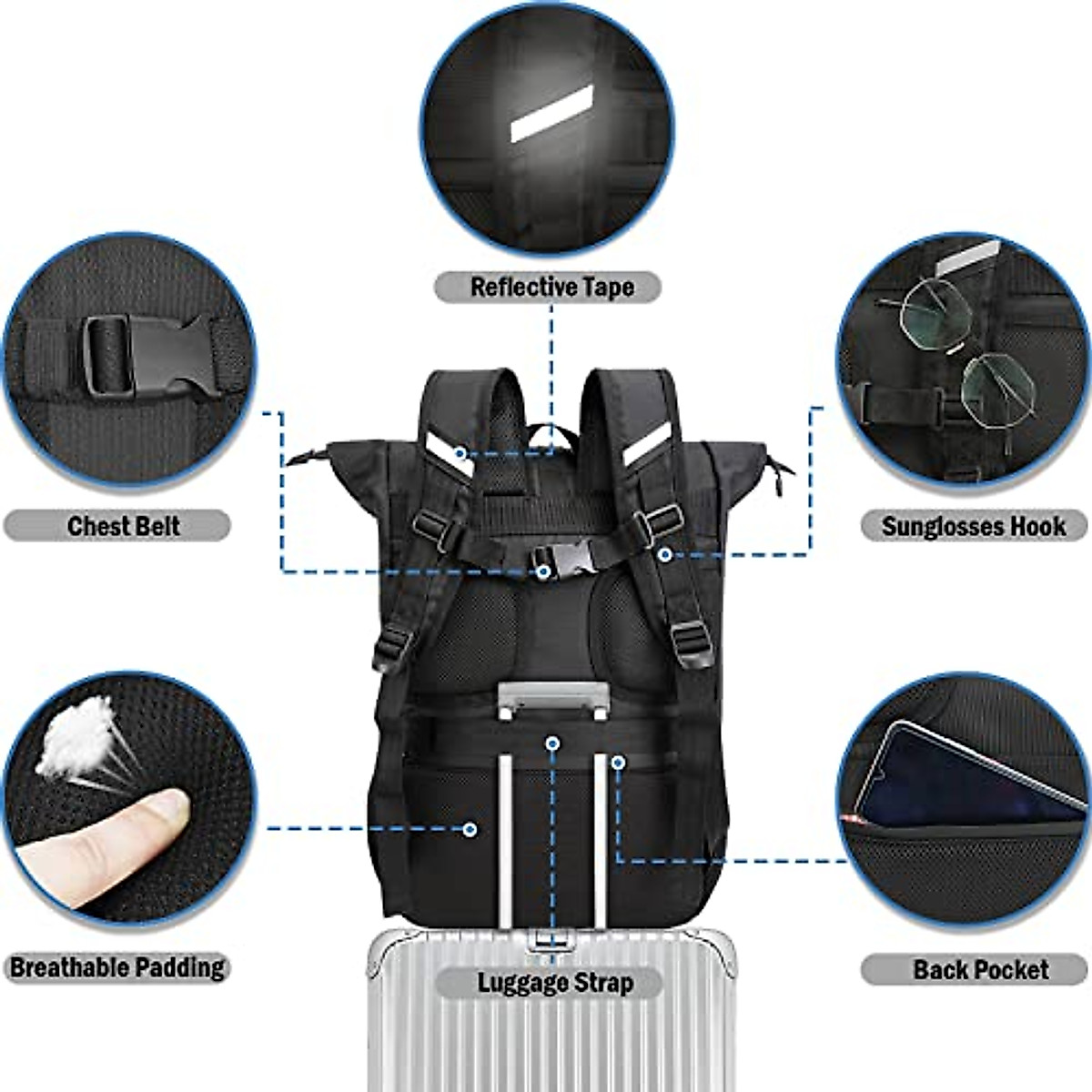 Noozion Roll Top Backpack 17 inch Durable Rolltop Daypack Casual Rucksack Bag Large Travel Laptop Bag