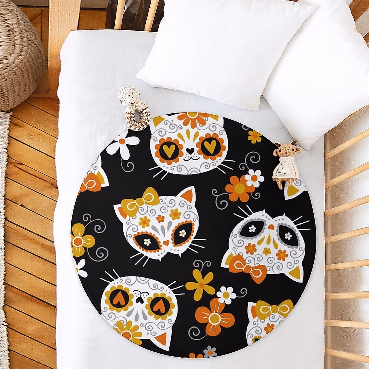 LAKIMCT Cute Sugar Skull Cat Round Soft Baby Blankets for Boys Girls, Newborn Blanket for Suitable for Swaddling Sleep Stroller Cover Nursery Blanket, 35 Inch