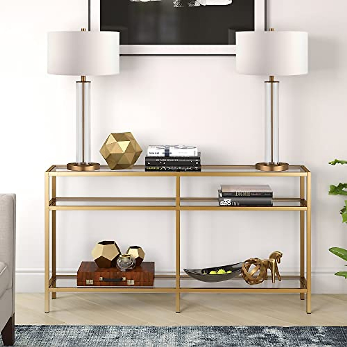 Henn&Hart 55" Wide Rectangular Console Table in Brass, Entryway Table, Accent Table for Living Room, Hallway