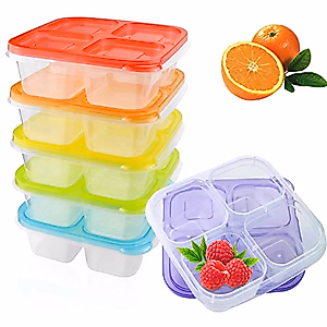 Bercoor Set of 6 Bento Snack Boxes, Meal Prep Container, 4 Compartments Leakproof Food Prep Containers for School, Work and Picnic