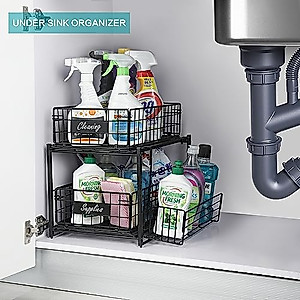 Upgraded Under Sink Organizers and Storage, Pull Out Under Bathroom Cabinet Organizer with A Extra Multiple Functional Basket, Sliding Out Closet Organizer Basket, Height Between 2 Drawers: 10.36in
