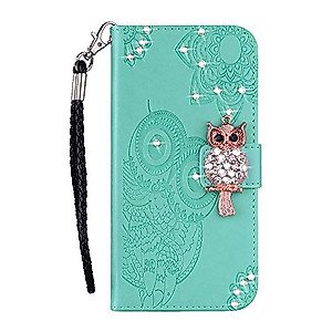 COTDINFORCA Compatible with Xiaomi Redmi Note 9 Case Glitter Wallet Case Leather with Card Slots Flip Case for Women Crystal Owl Embossing Shockproof Case for Xiaomi Redmi Note 9 Green YK