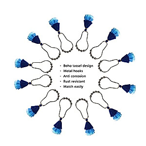 Estmy 12PCS Boho Blue Tassel Shower Curtain Hooks Rings Ombre Bohemian Cute Decorative Shower Rings Hooks for Kids Bathroom Curtain Metal Rust-Proof Bohemian Chic Bathroom Decor Accessories