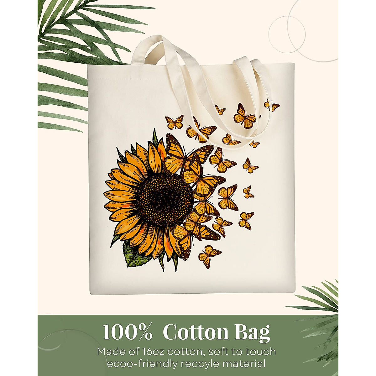 AUSVKAI Canvas Tote Bag Aesthetic for Women, Cute Trendy Sunflower Butterflies Reusable Cloth Cotton Bags with Handle for Grocery School Shopping Beach