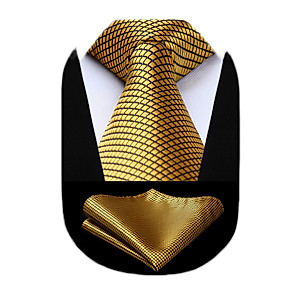 HISDERN Gold Ties for Men Yellow Gold Tie Pocket Square Set Classic Gold Mens Ties Silk Woven Necktie Handkerchief Formal Business Neckties Party