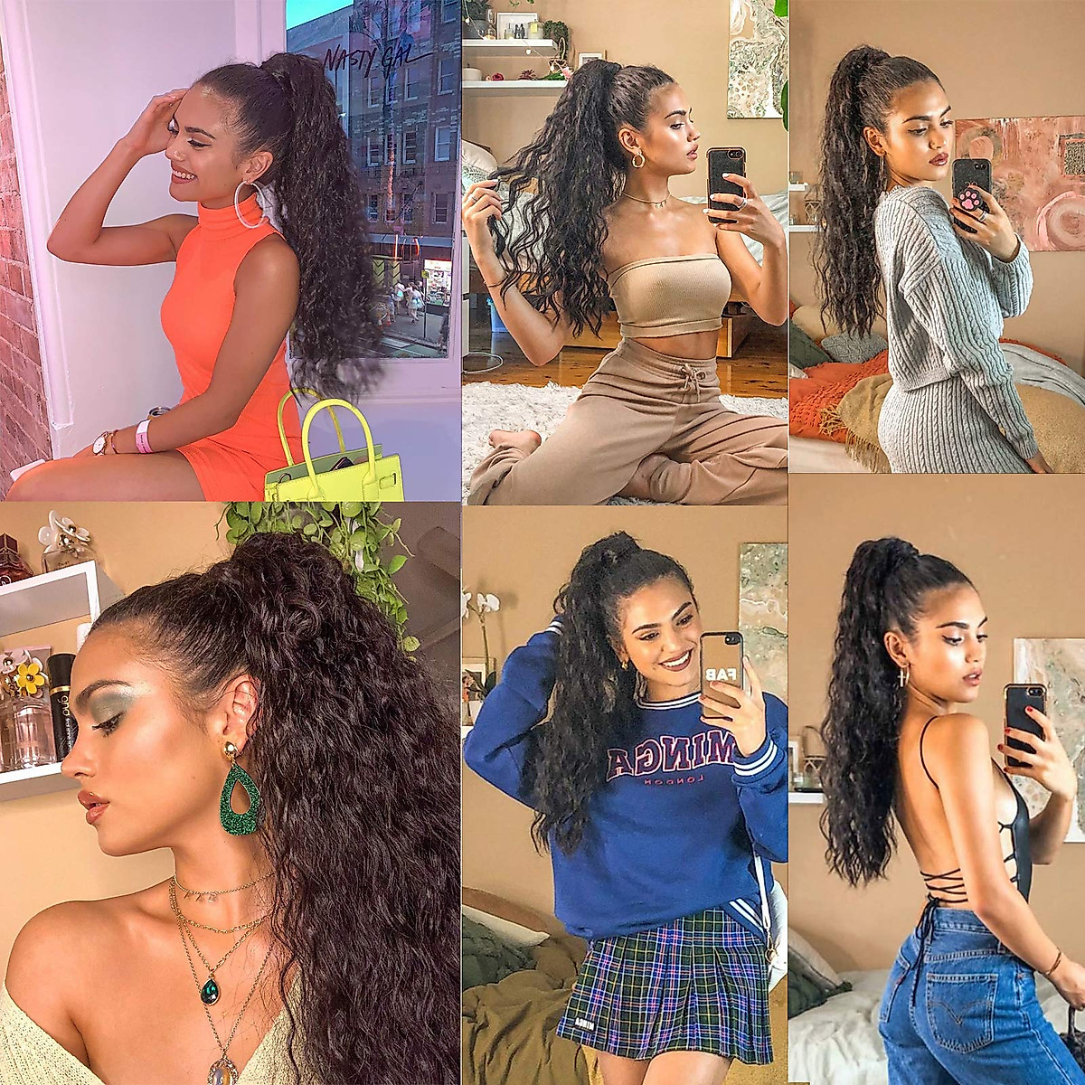 Stamped Glorious Long Corn Wave Ponytail Extension Magic Paste Heat Resistant Wavy Synthetic Wrap Around Ponytail Black Hairpiece for Women (22 Inch, 22 Inch-Black)