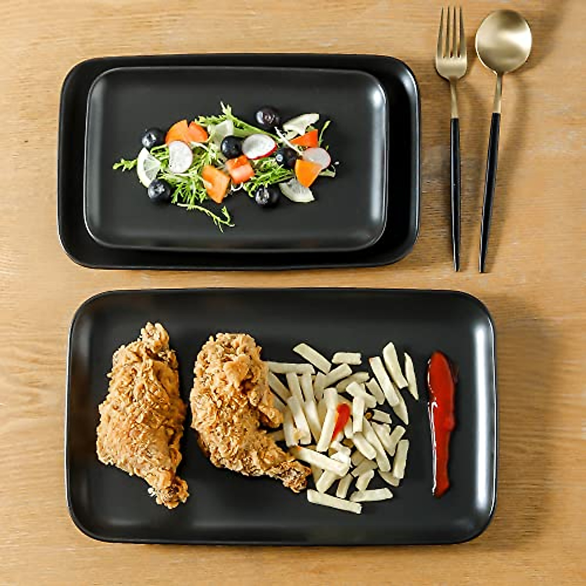 KOOV Ceramic Rectangular Serving Tray, 14/12/10 Inch Large Serving Platter, Porcelain Serving Plates with 3 Sizes, Ceramic Serving Dishes for Party, Food, Appetizers and Dinner, Set of 3 (Matte Black)