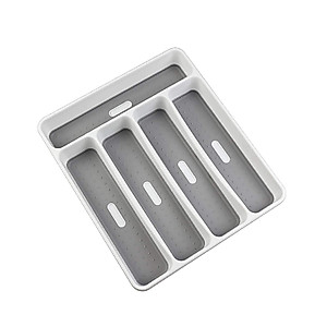 LeMuna Silverware Tray for Drawer, Plastic Cutlery Tray Kitchen Drawer Organizer, 5 Compartment Flatware Cutlery Organizer, Soft-Grip Lining and Non-Slip Rubber Feet