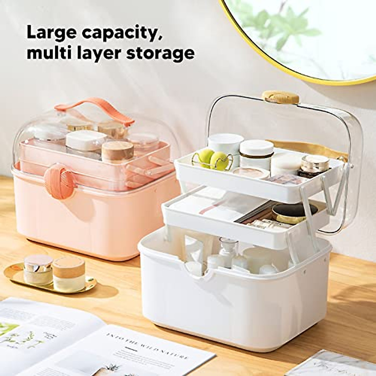 Topyond Makeup Box Organizer 3 Layer, Portable Medicine Storage Box, Large Capacity Transparent Handled Storage Case Multipurpose Makeup Box Craft Organizer for Home(Orange)