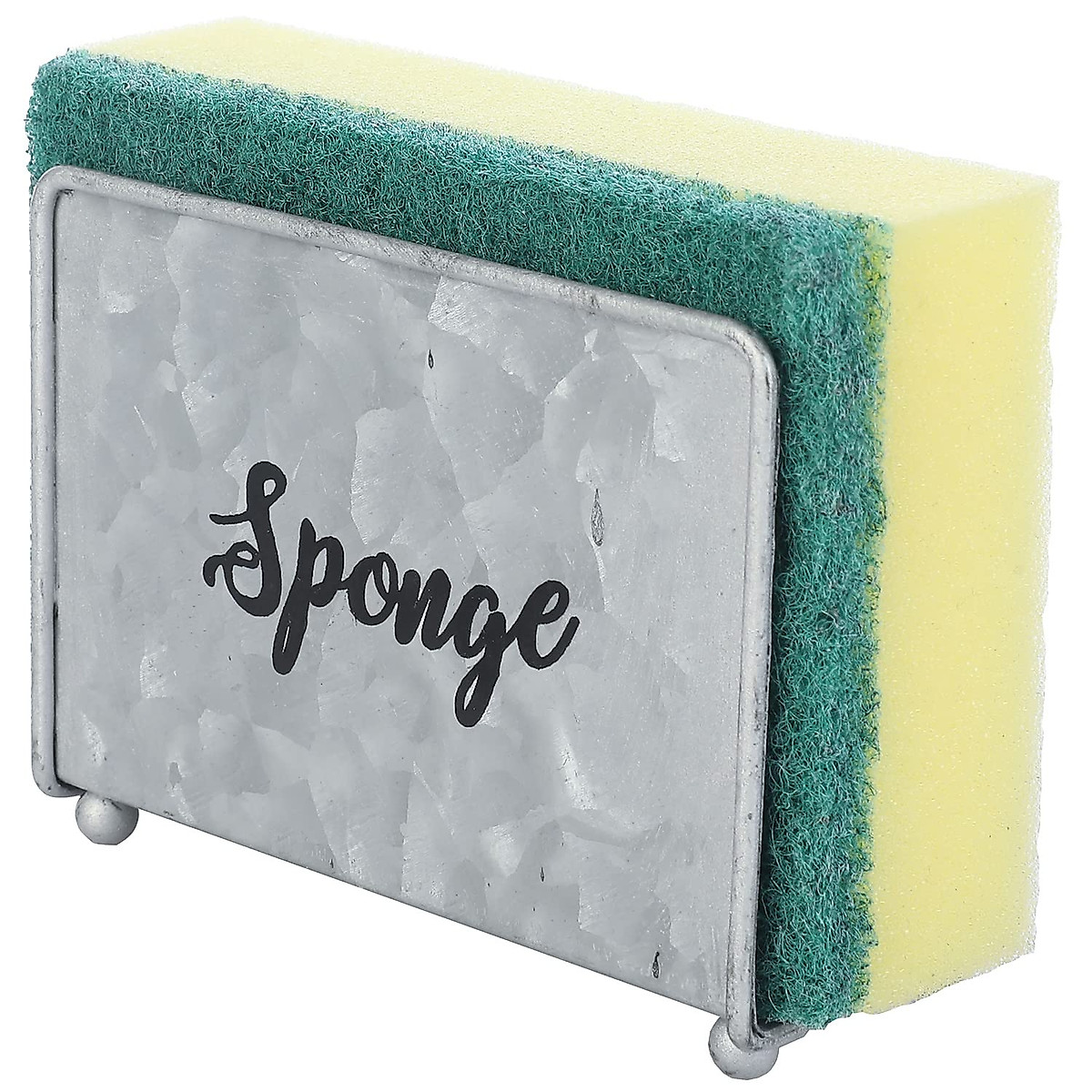 MyGift Rustic Galvanized Silver Metal Dish Sponge Holder for Kitchen Sink with SPONGE Cursive Writing