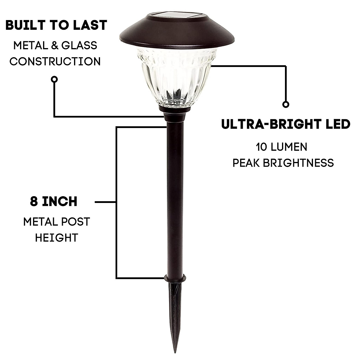 Energizer LED Solar Pathway Lights - 10 Pack of [Bronze] Outdoor Solar Lights - IP65 Waterproof w/Auto On/Off - Patterned Glass and Metal Construction Coated in Bronze