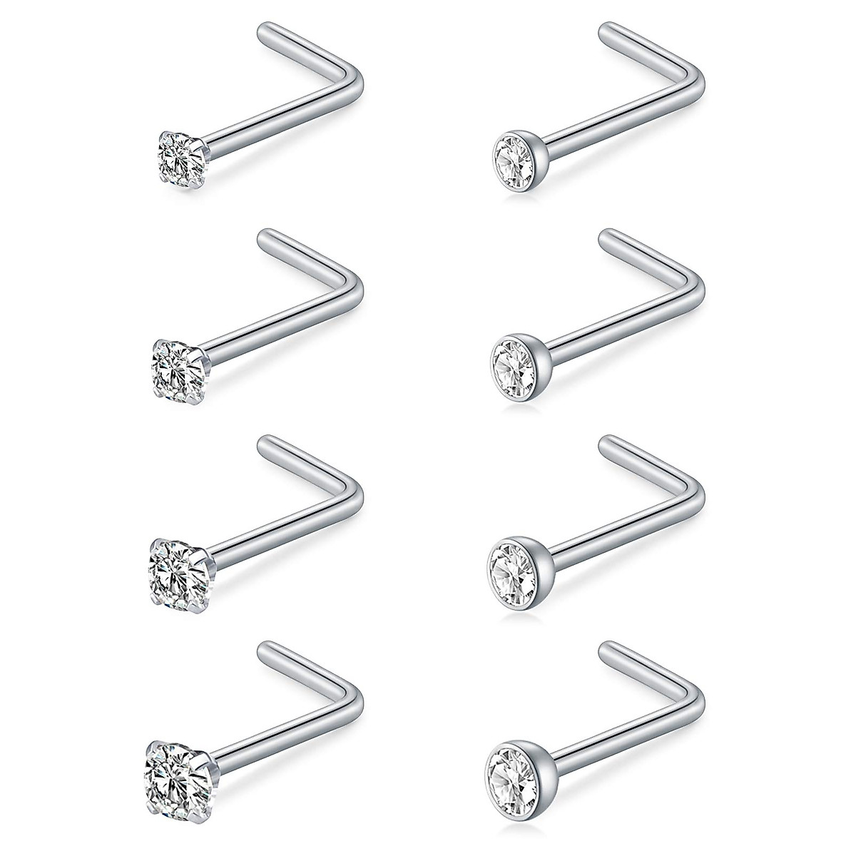 MODRSA Nose Studs for Women Men Silver Nose Ring Studs 18 gauge L Shaped Nose Screw Stainless Steel Diamond Nostril Piercing Stud