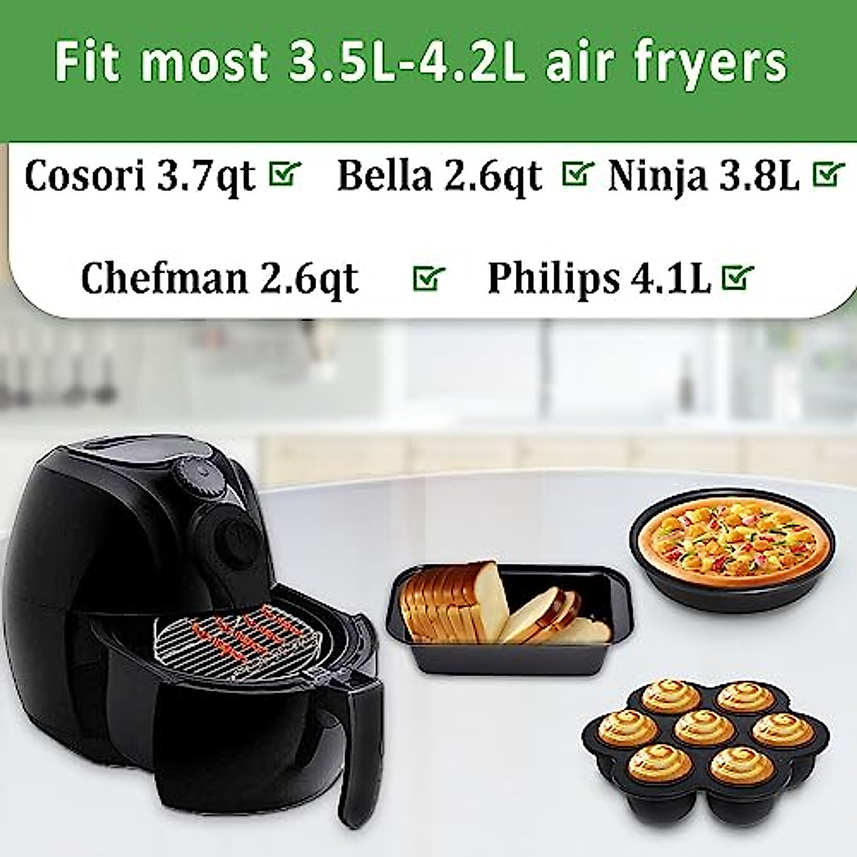 Air Fryer Skewer Rack Compatible with Philips Cosori Ninja Air Fryer 3.5-4.2L, 9Pcs Air Fryer Accessory Including Rack, Pizza Pan, Cake and Egg Mold, Food Grade 304 Stainless Steel Air Fryer Rack