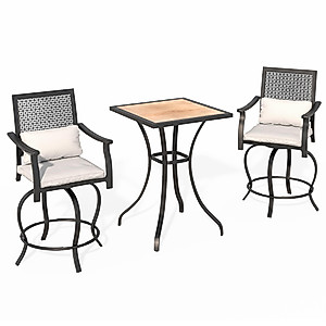 AECOJOY 3 Piece Outdoor Bar Set, High Top Patio Bar Set with Table and Chairs, Bar Height Patio Sets Clearance Plus Outdoor Pub Table and Swivel Chairs for Lawn Garden Porch