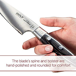 WOLF GOURMET 5.5" Serrated Knife, Ergonomic for Comfort and Control, Forged High-Carbon Stainless Steel, 12.5 Degree Angle, Durable (WGCU156S)
