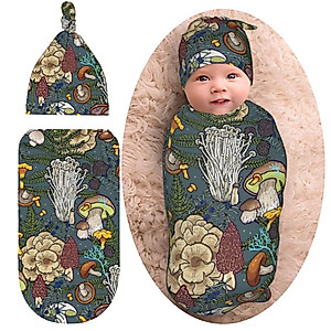 Mushroom Baby Stuff Newborn Swaddle Blanket Cute Baby Swaddle Blankets Soft Stretchy Sleep Sack with Beanie Hat Gifts for Boy Girl