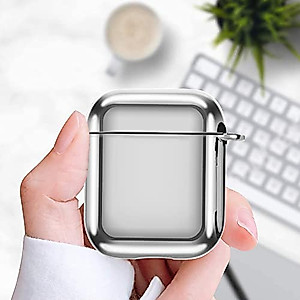 MZELQ for AirPods 1 & 2 Case with Keychain Cute Soft TPU Plating Design Shockproof Full Protective Smooth Surface Cover with Anti-Lost Carabiner Accessories for Women Girls (Silver)