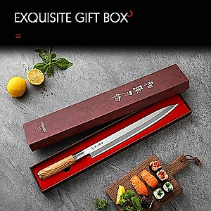 HEZHEN 300mm Sashimi Knife,Forged Steel Sushi Yanagiba Knife, Sushi Slicing, Wooden Handle Knife Case