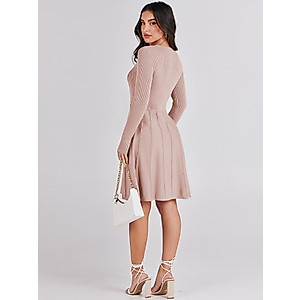 ANRABESS Women Midi Sweater Dress Long Sleeve Crewneck High Waist Casual A-Line Pleated Dresses Pink Small
