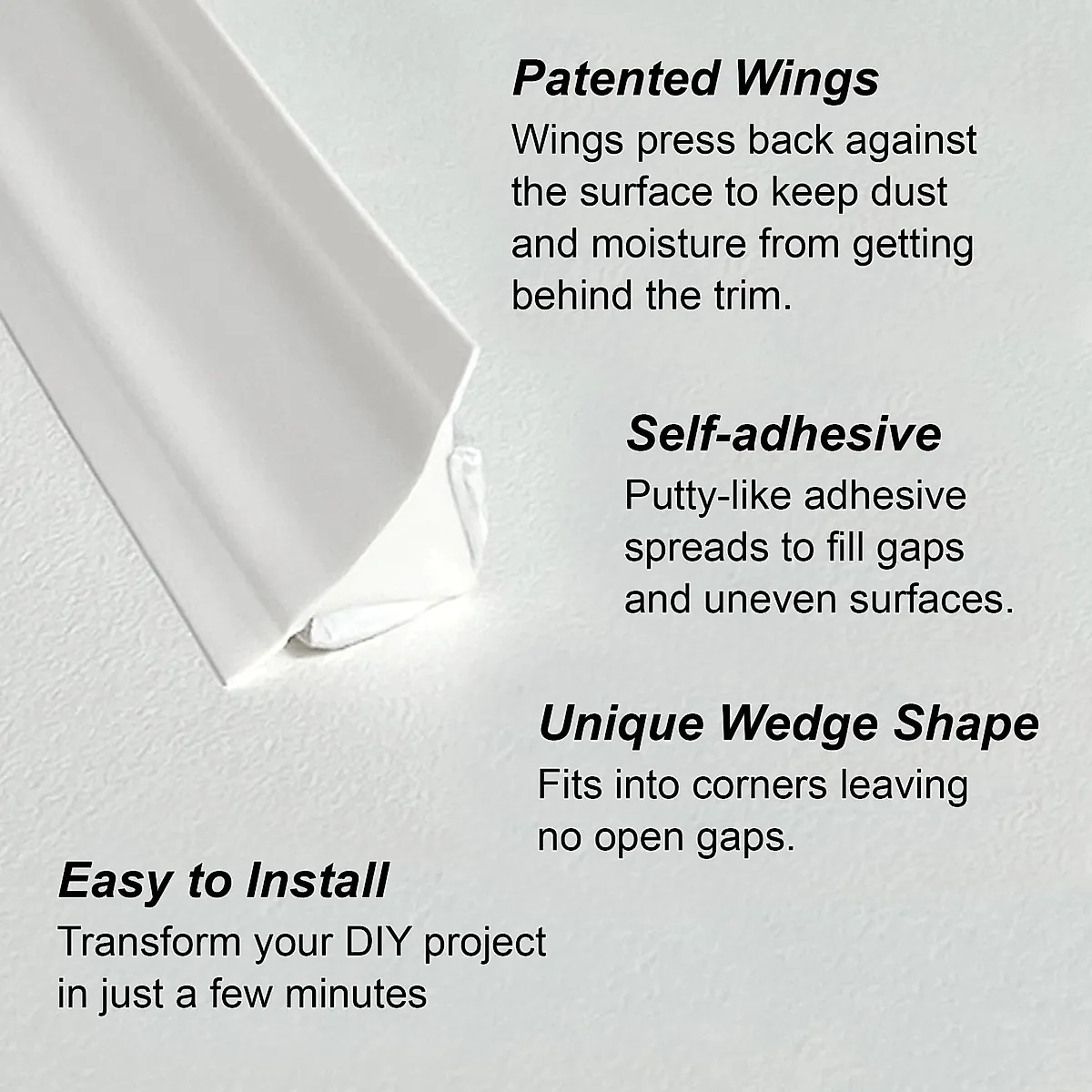 InstaTrim Flexible Self-Adhesive Trim Bundle with Applicator - Trim Caulking Kit with 10 ft White 1/2 in Wide Caulk Strip, 6 Corner and End Caps, and Applicator Tool